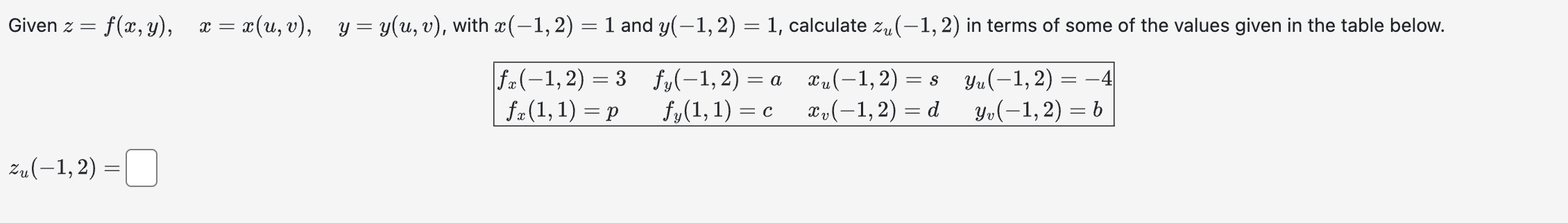 Solved Given z=f(x,y),x=x(u,v),y=y(u,v), ﻿with x(-1,2)=1 | Chegg.com