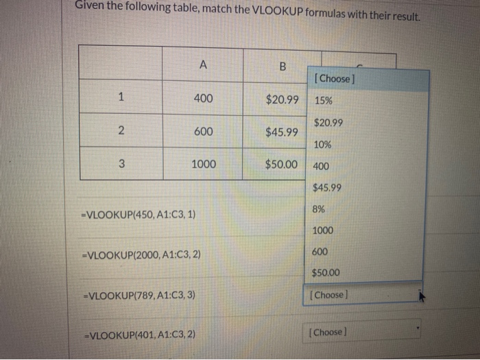 Solved Given the following table, match the VLOOKUP formulas | Chegg.com