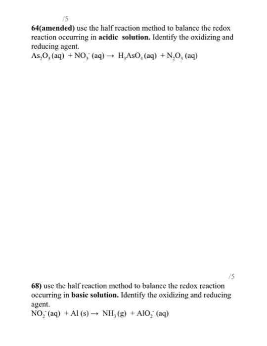 64(amended) use the half reaction method to balance | Chegg.com