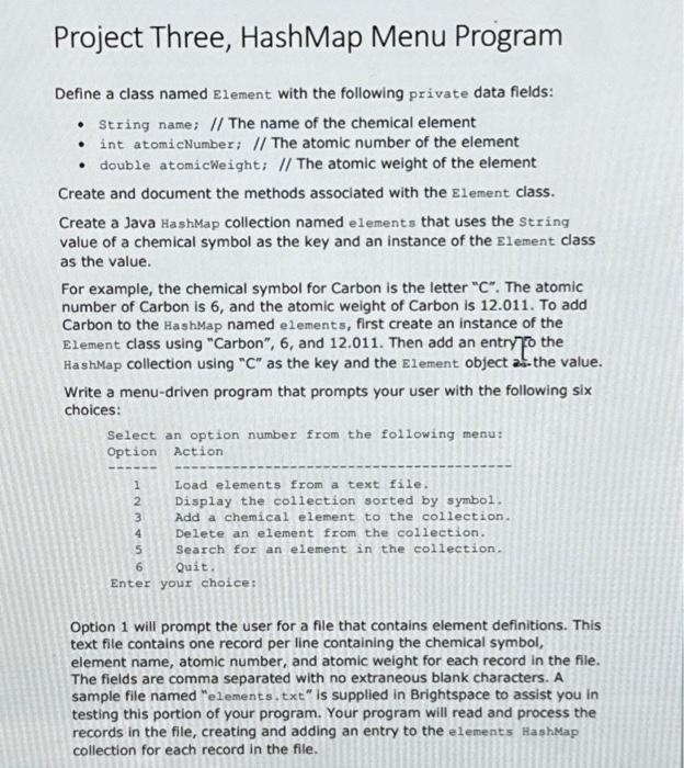 Project Three, HashMap Menu Program Define a class | Chegg.com