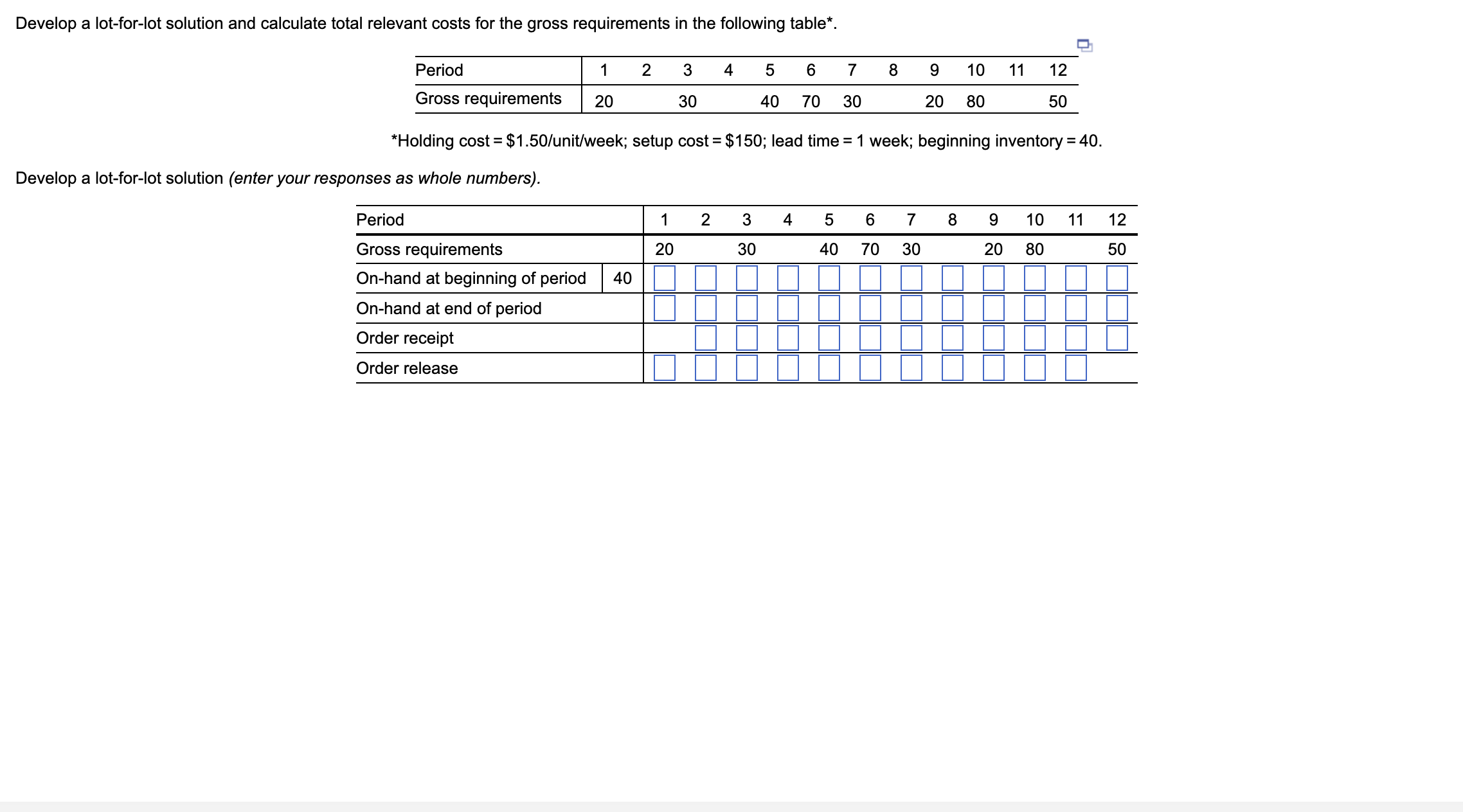 Solved Develop a lot-for-lot solution and calculate total | Chegg.com