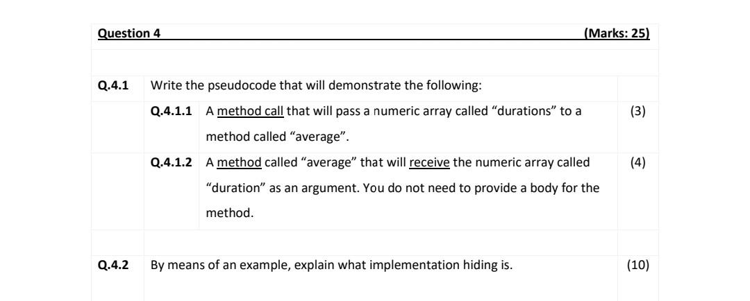 Solved Question 4 (Marks: 25) Q.4.1 Write the pseudocode | Chegg.com