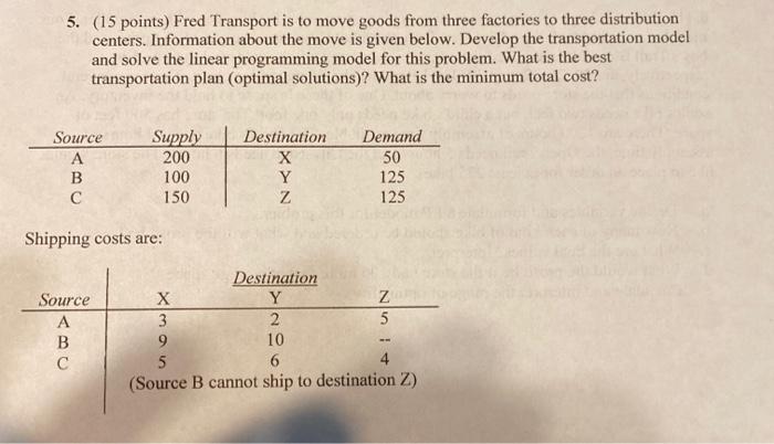 Solved 5. (15 points) Fred Transport is to move goods from | Chegg.com