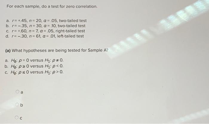 Solved For each sample, do a test for zero correlation. a. | Chegg.com