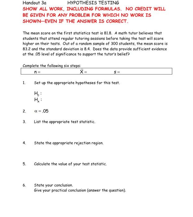 Solved Handout 3a HYPOTHESIS TESTING SHOW ALL WORK, | Chegg.com