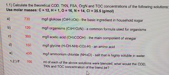 Solved 1.1) Calculate the theoretical COD, TKN, FSA, OrgN | Chegg.com