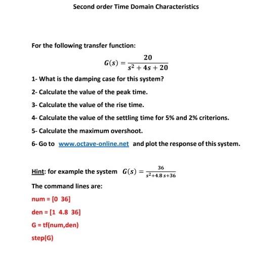 Solved Second order Time Domain Characteristics For the | Chegg.com