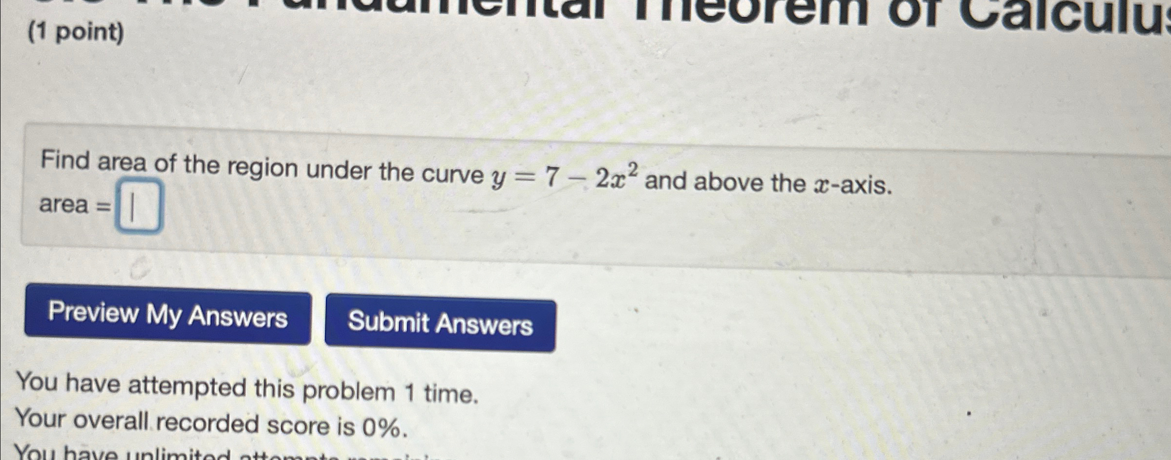 Solved (1 ﻿point)Find area of the region under the curve | Chegg.com