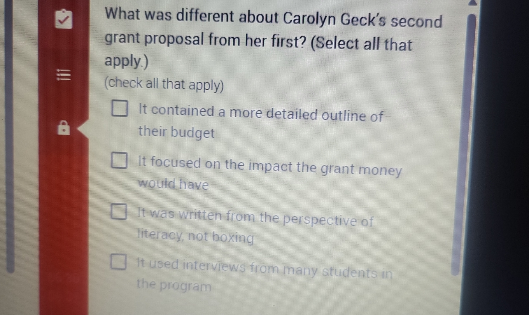 Solved What was different about Carolyn Geck's second grant | Chegg.com