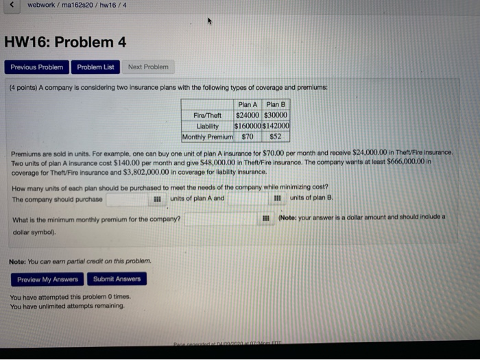 Solved webwork/ma162s20 /hw16/4 HW16: Problem 4 Previous | Chegg.com Solved webwork/ma162s20 /hw16/4 HW16: Problem 4 Previous | Chegg.com