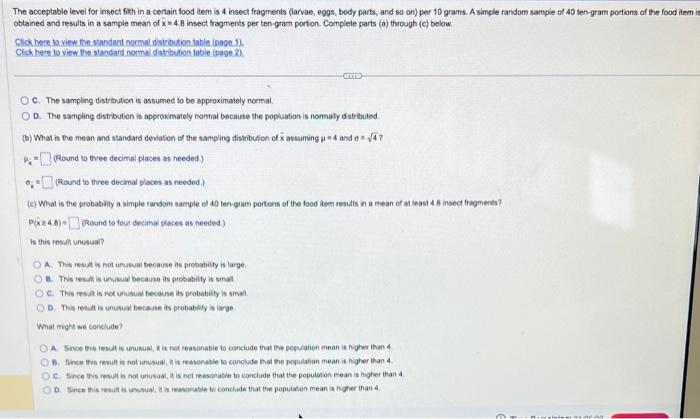 Solved The acceptable level for insect fith in a certain | Chegg.com