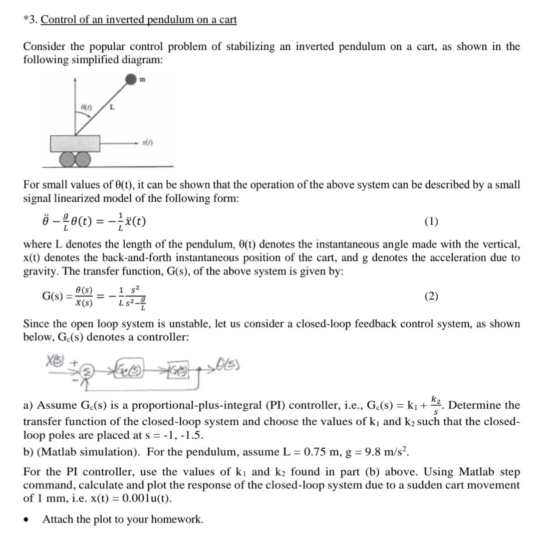 Solved *3. ﻿Control of an inverted pendulum on a | Chegg.com
