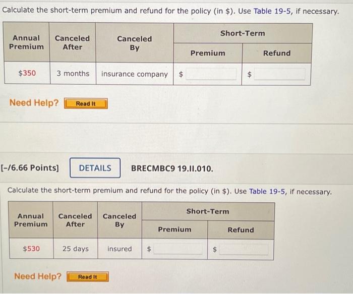 Solved Calculate the short-term premium and refund for the | Chegg.com