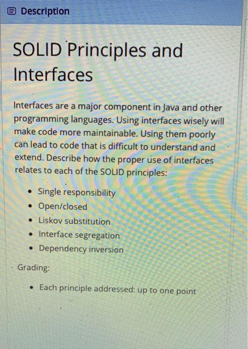 Description SOLID Principles and Interfaces | Chegg.com