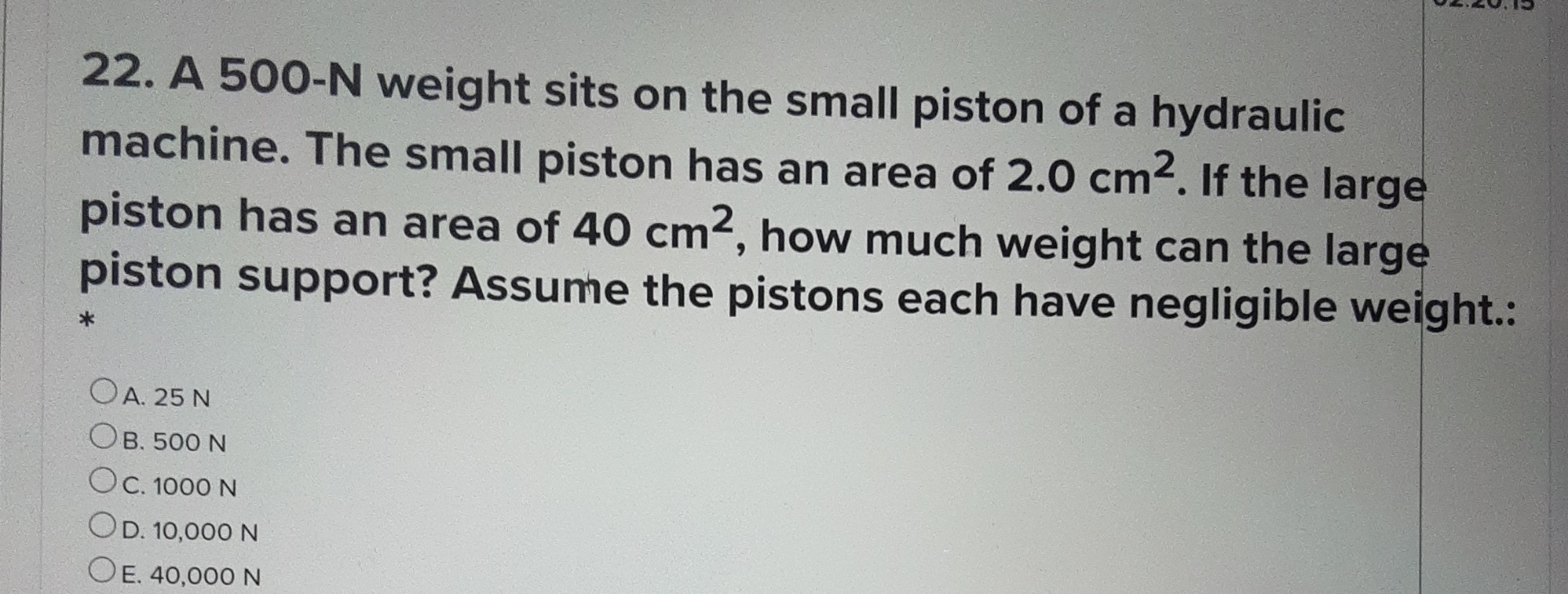 Solved A 500-N weight sits on the small piston of a | Chegg.com