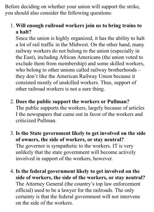 Solved Part VI: Labor Conflict - the Pullman Strike Issue | Chegg.com