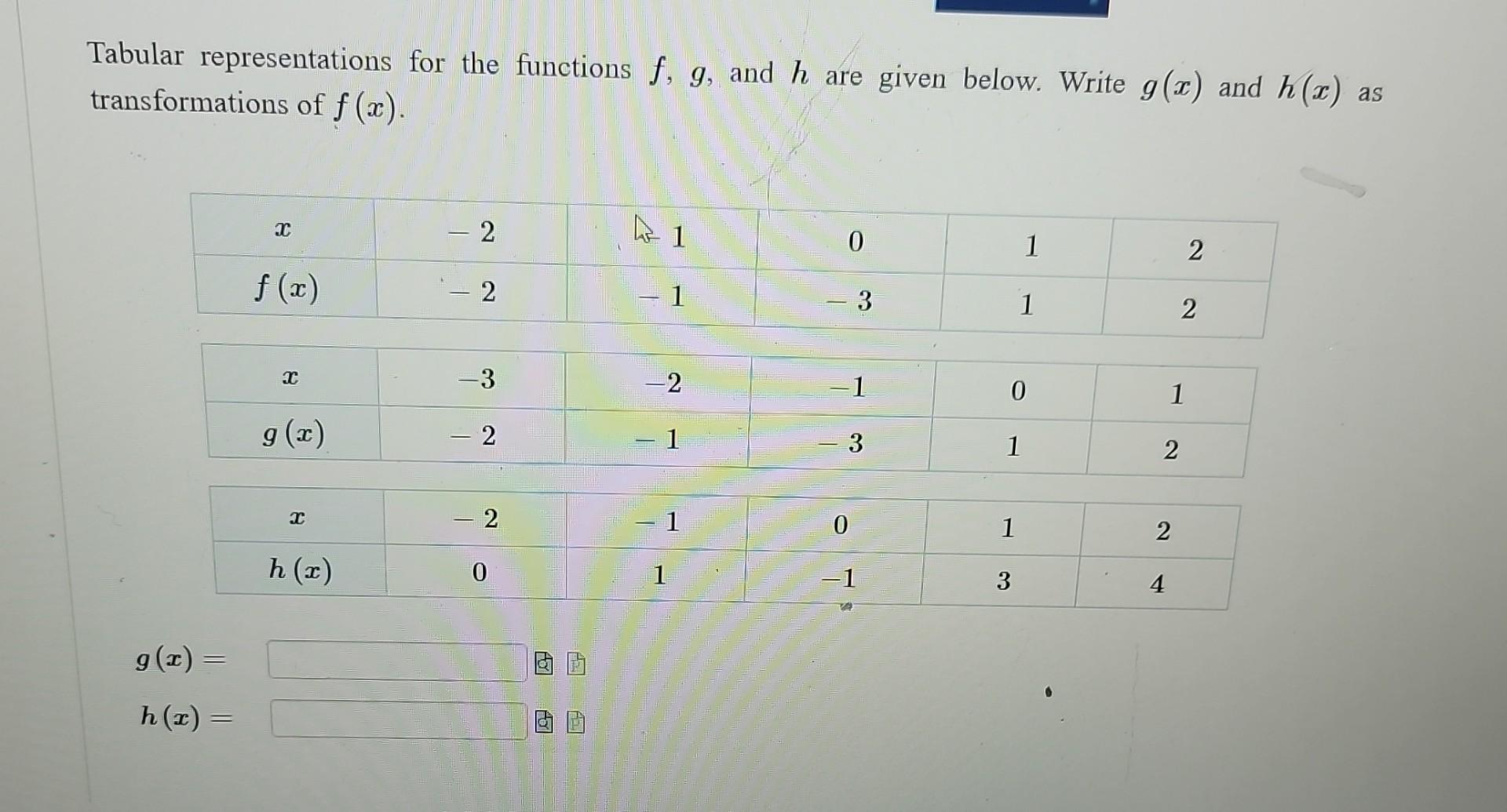 Solved Tabular Representations For The Functions F G And H