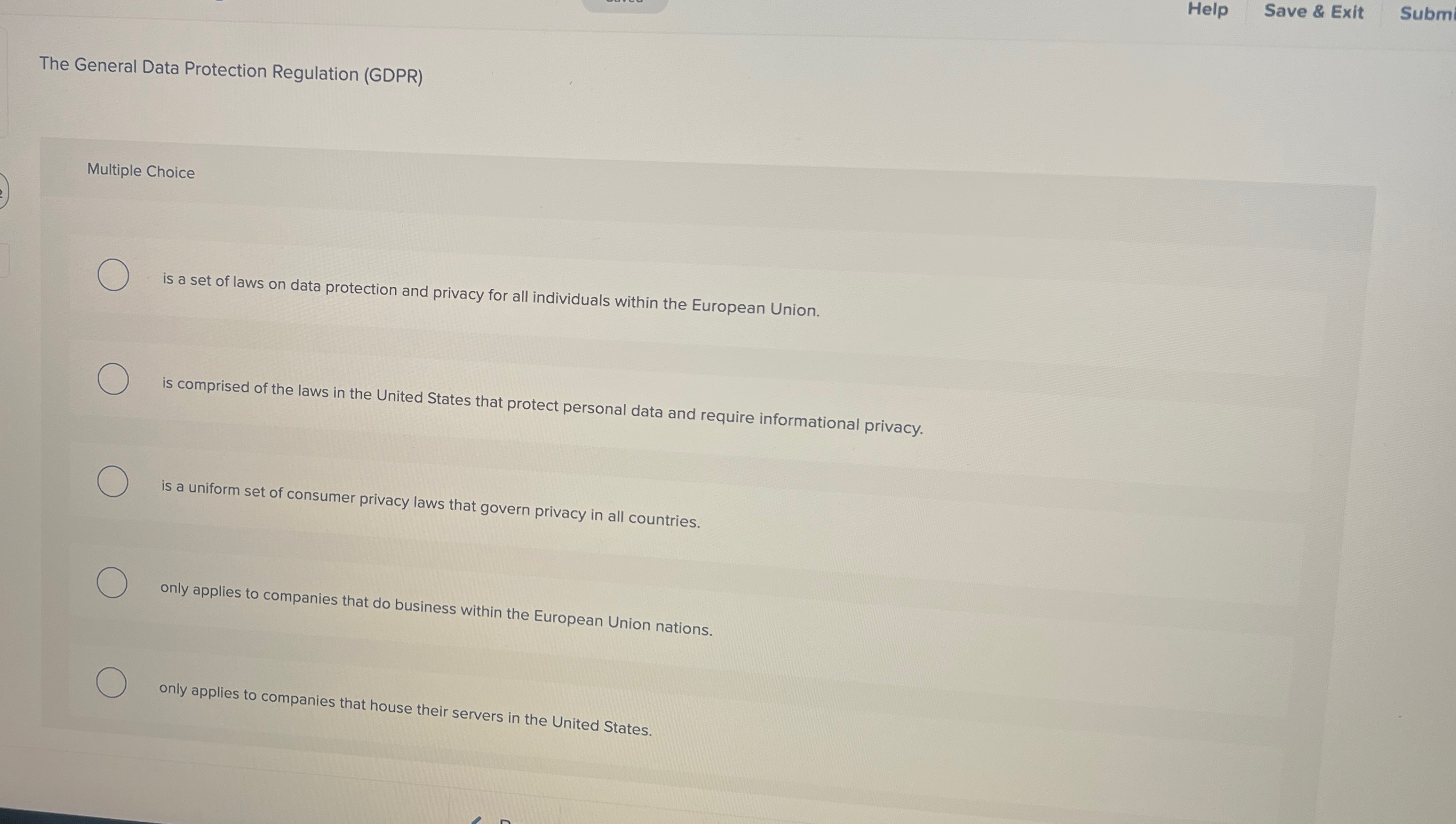 Solved HelpSave & ExitSubmThe General Data Protection | Chegg.com