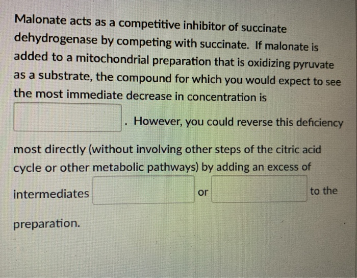 Solved Malonate acts as a competitive inhibitor of succinate | Chegg.com