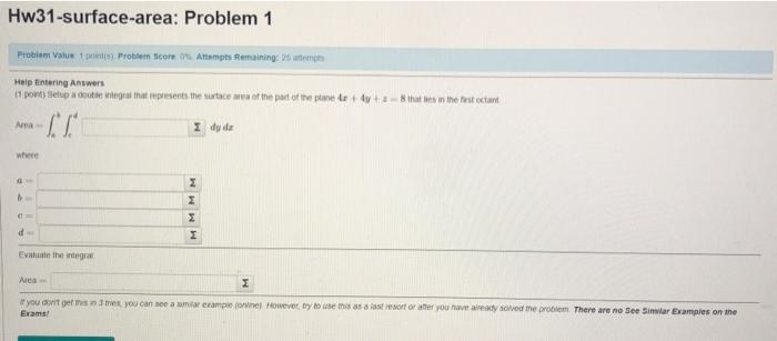 Solved Hw31-surface-area: Problem 1 Problem Value 1 points) | Chegg.com