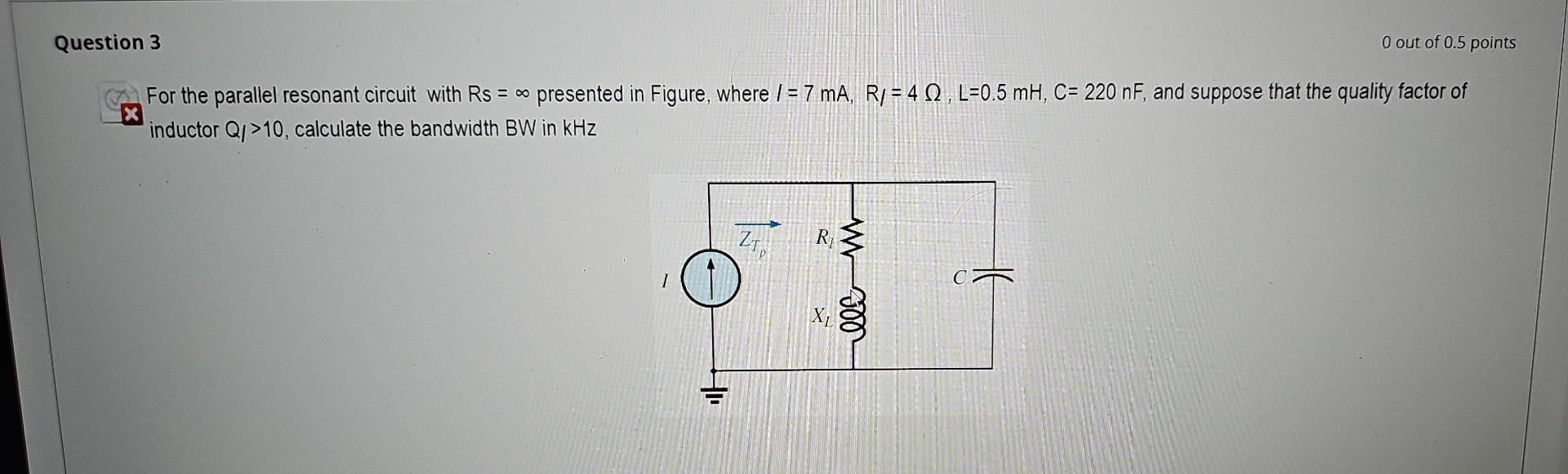 Solved For the parallel resonant circuit with Rs=∞ presented | Chegg.com