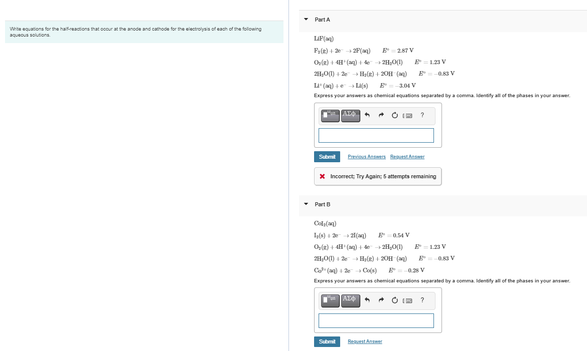 Solved Write equations for the half-reactions that occur at | Chegg.com