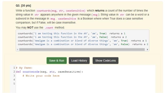 Solved Q3. [30 pts] Write a function countwords (msg, str, | Chegg.com