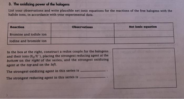 Solved 3. The oxidizing power of the halogens List your | Chegg.com
