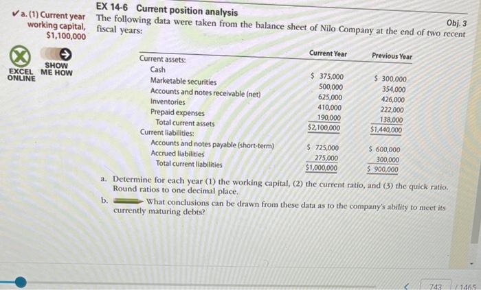 Solved EX 14-6 Current position analysis a. (1) Current year | Chegg.com