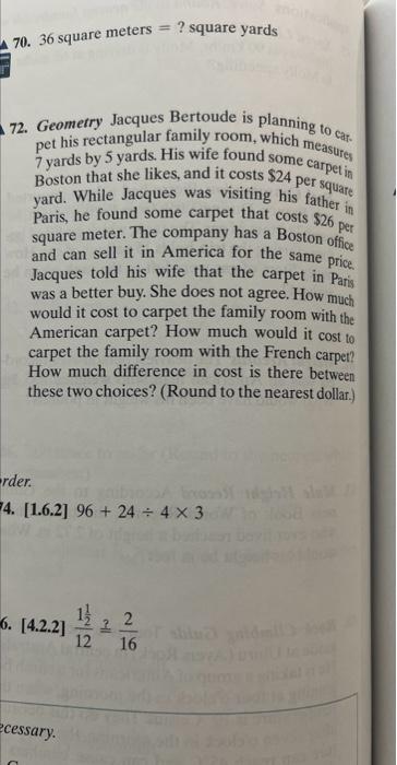 Solved 70. 36 square meters = ? square yards 72. Geometry | Chegg.com