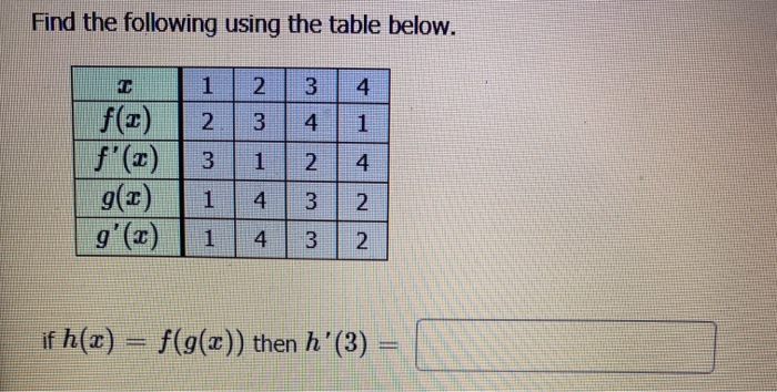 Solved Find the following using the table below. 1 2 3 4 2 3 | Chegg.com