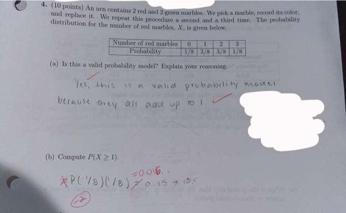 Solved 4. (10 points) An urn contains 2 red and 2 green | Chegg.com