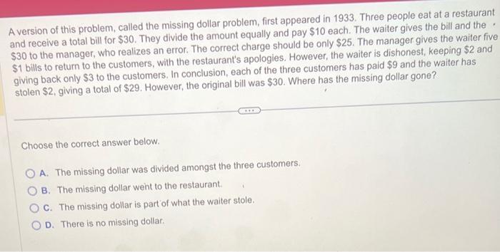 Solved A version of this problem, called the missing dollar | Chegg.com
