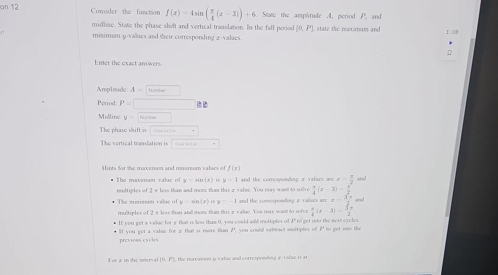 Solved On 12consider The Function F X 4sin π4 X 3 6