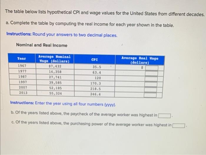 Solved The table below lists hypothetical CPI and wage | Chegg.com