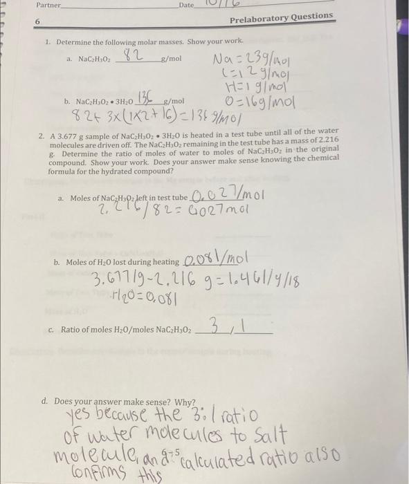 Solved 1. Determine the following molar masses. Show your | Chegg.com