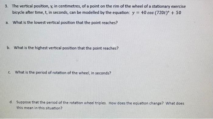 Solved 3. The vertical position, y, in centimetres, of a | Chegg.com