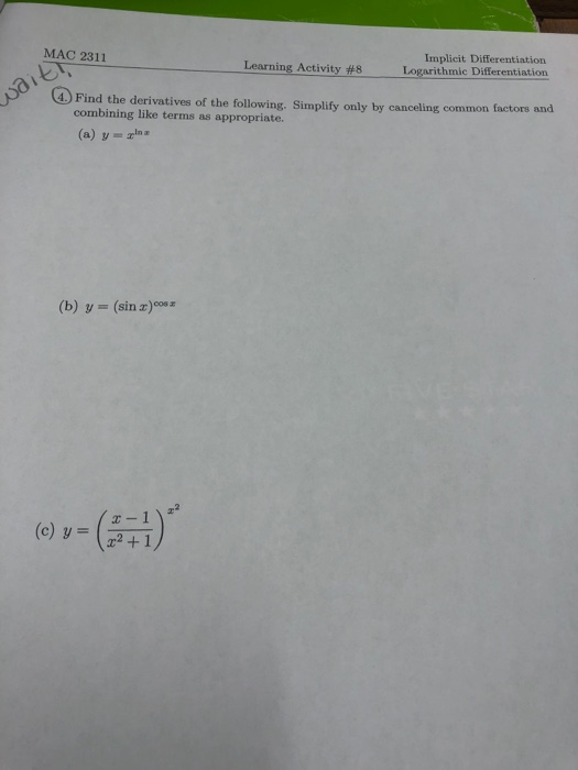 Solved MAC 2311 Learning Activity #8 Implicit | Chegg.com