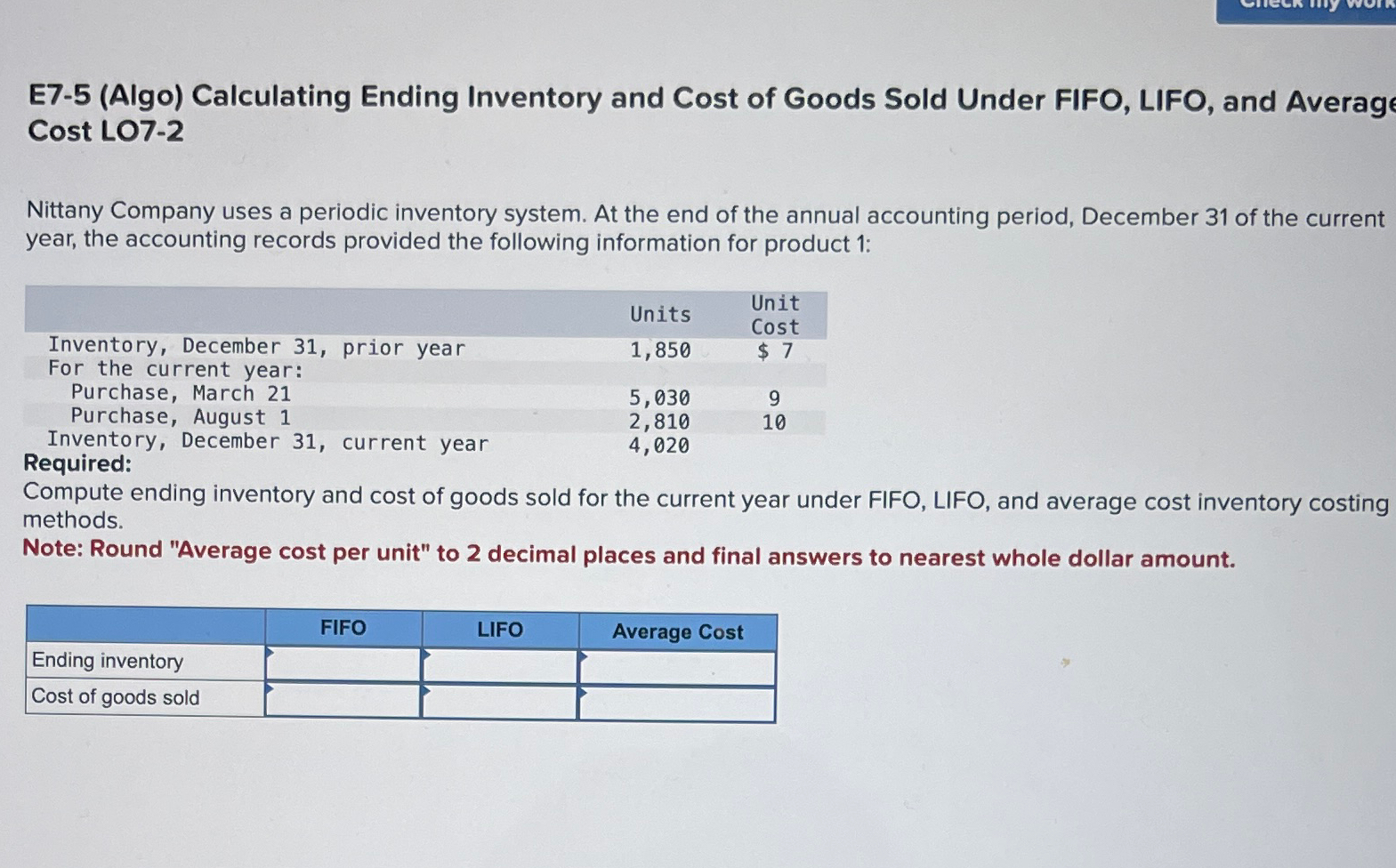 Solved E7-5 (Algo) ﻿Calculating Ending Inventory and Cost of | Chegg.com