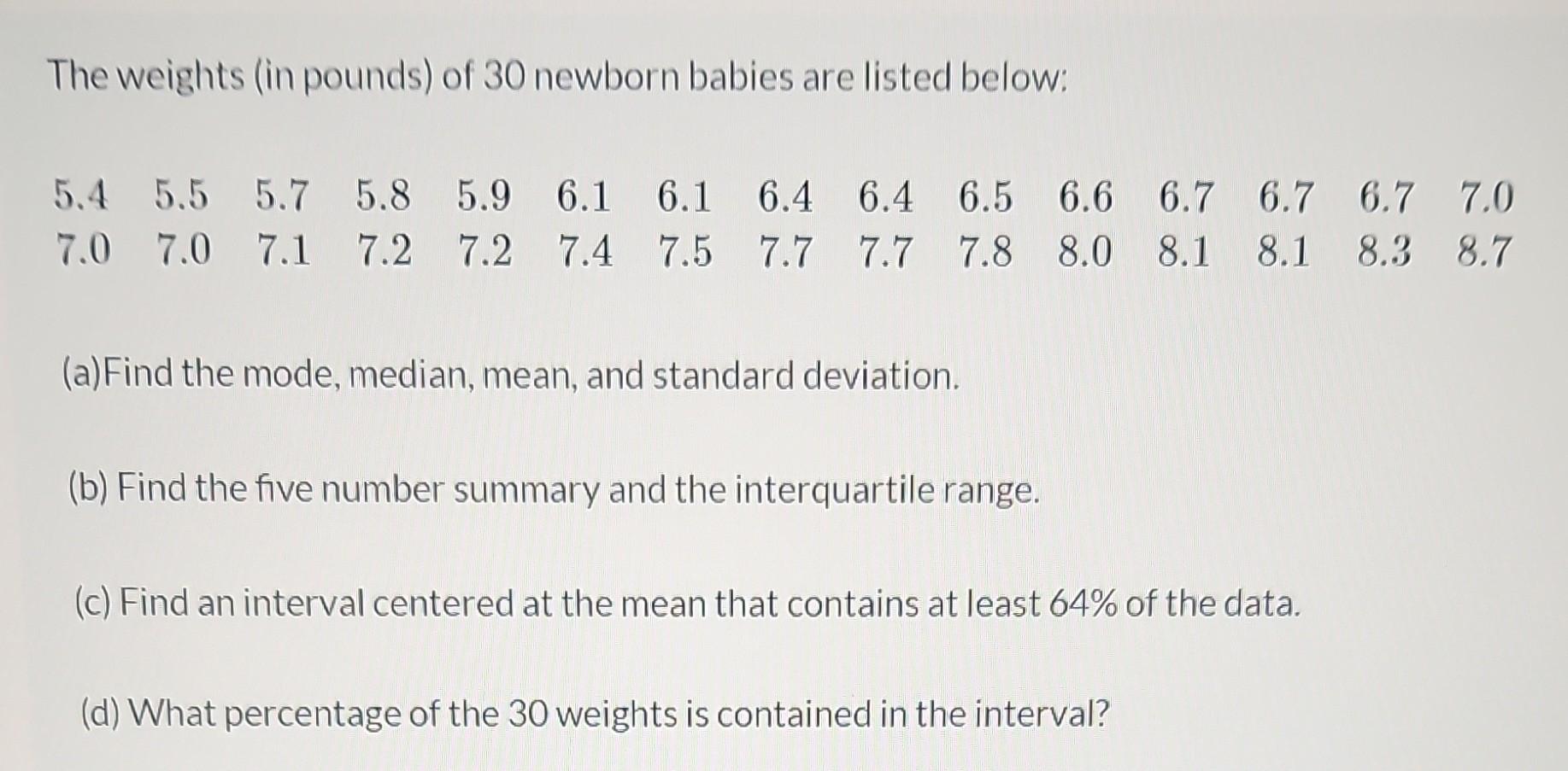 Solved The weights (in pounds) of 30 newborn babies are | Chegg.com