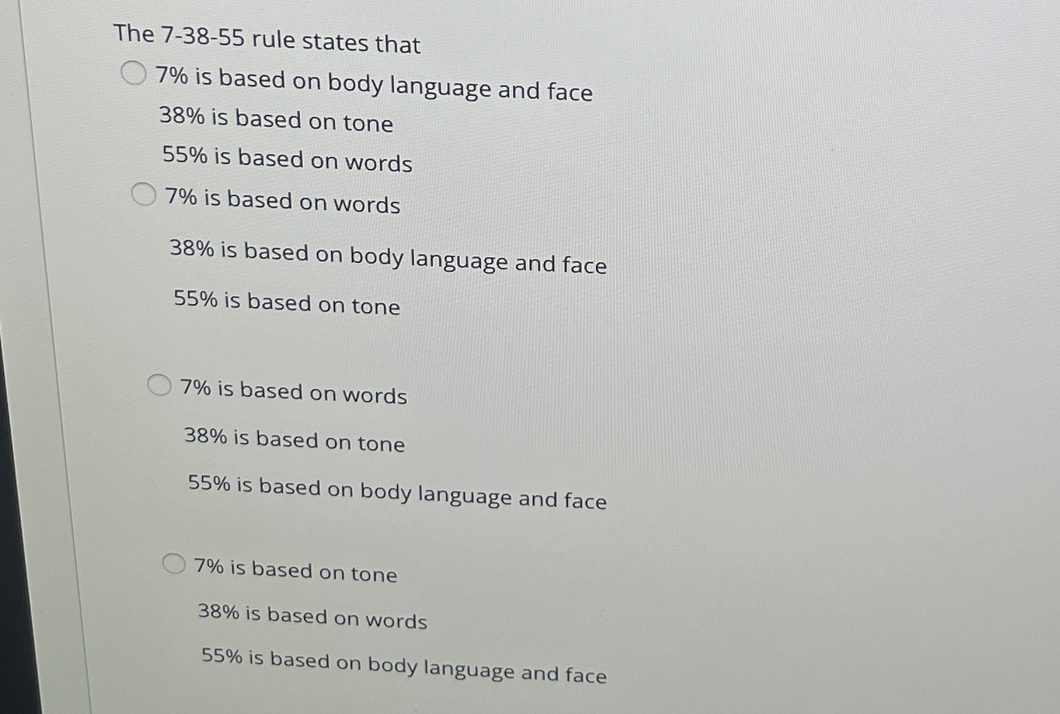 Solved The 7-38-55 ﻿rule states that7% ﻿is based on body | Chegg.com