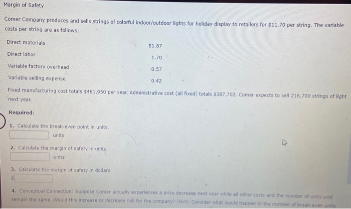 Solved Margin of Safety Comer Company produces and sells | Chegg.com