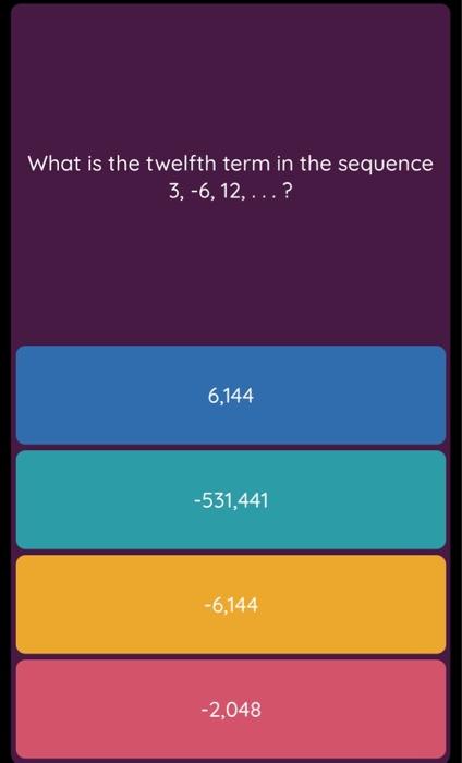 Solved What is the twelfth term in the sequence 3,−6,12,… ? | Chegg.com