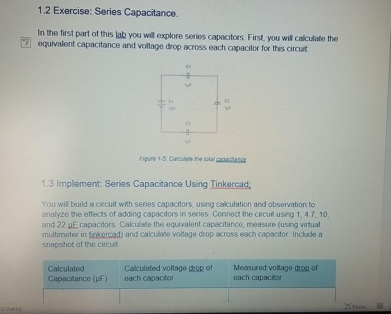 Solved 1.2 Exercise: Series Capacitance. In the first part | Chegg.com