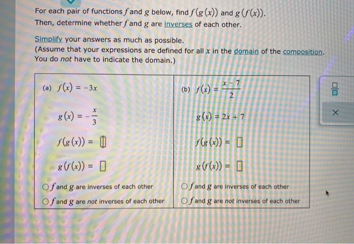 Solved For each pair of functions f and g below, find | Chegg.com