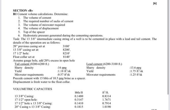 Solved |6|SECTION AB;B1 ﻿Cement volume calculations. | Chegg.com