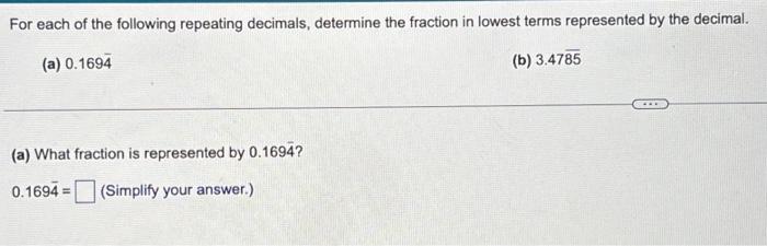 Solved For each of the following repeating decimals, | Chegg.com