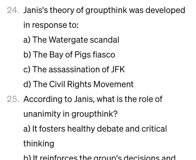 Solved Janis's theory of groupthink was developed in | Chegg.com