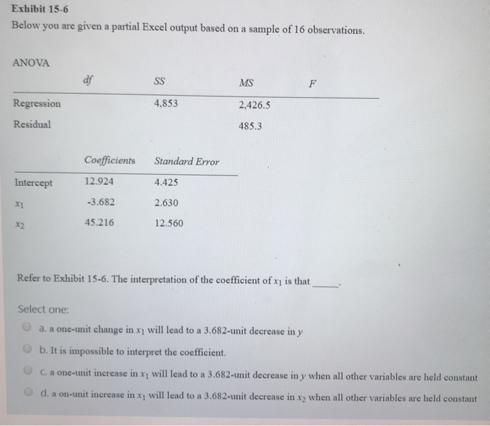 Solved Exhibit 15-6 Below you are given a partial Excel | Chegg.com