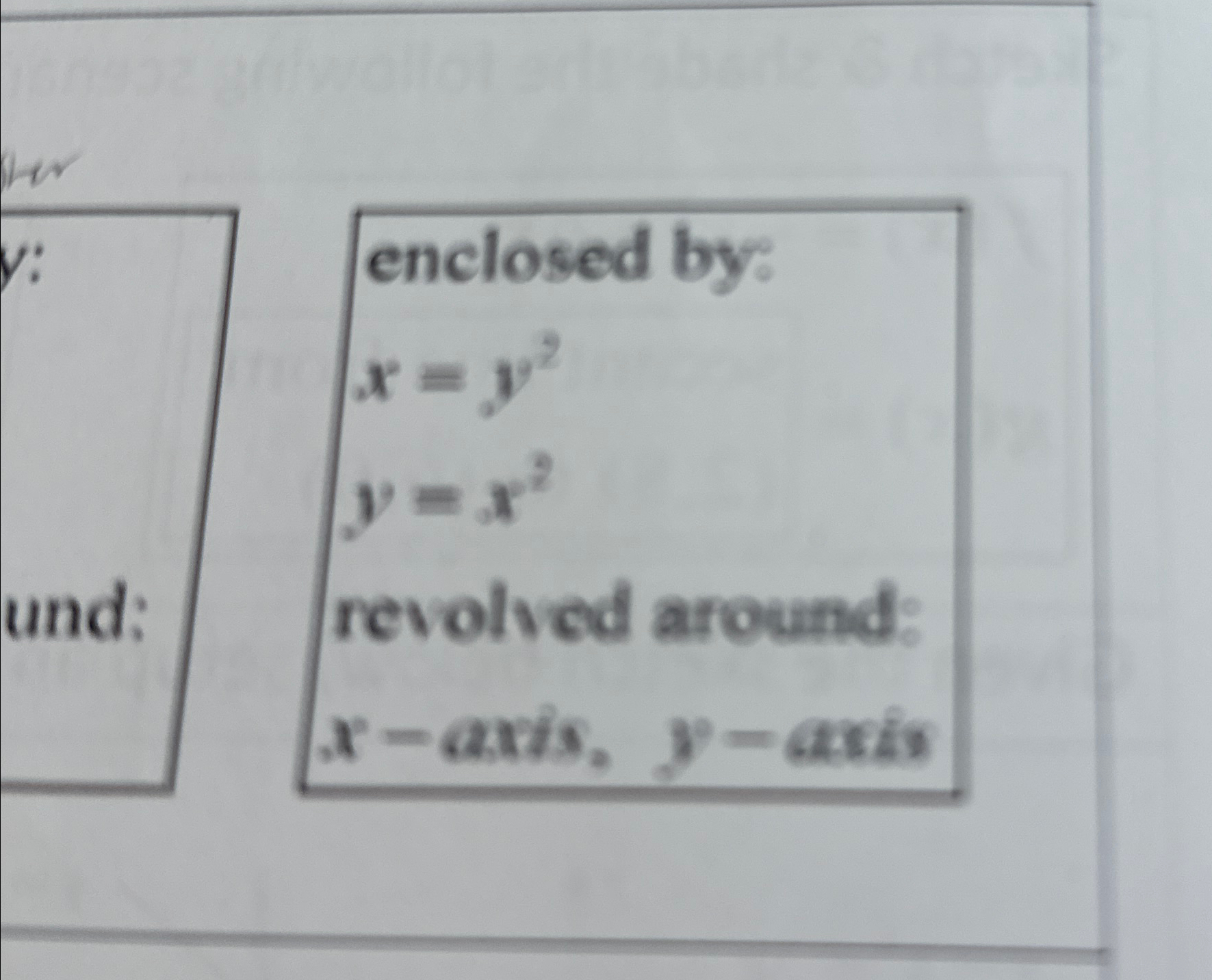 enclosed by:x=y2y=x2revolved around:x-axis, y-axis | Chegg.com
